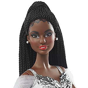Barbie Signature 2021 Holiday Doll (12-inch, Brunette Braided Hair) in Silver Gown, with Doll Stand and Certificate of Authenticity, Gift for 6 Year Olds and Up