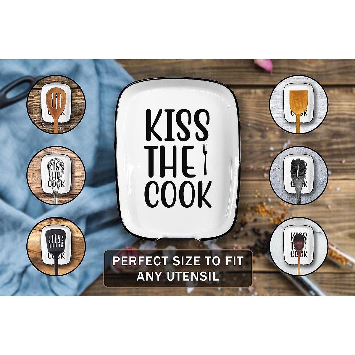 Hvukeke Ceramic Spoon Rest for Stove Top, Funny Kiss the Cook White Spoon Holders for Kitchen Counter, Modern Farmhouse Kitchen Cute Decor