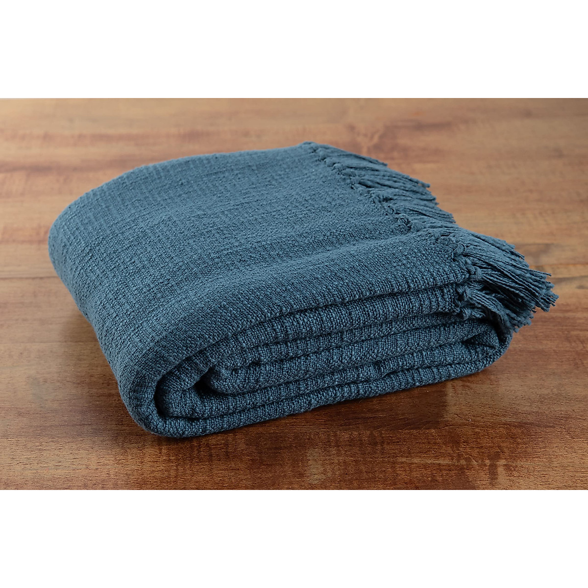 Sticky Toffee Cotton Throw Blanket for Couch, 60x50 in, Blue Navy Boho Woven Throw with Fringe, Textured Throw Blankets, Thick and Durable Decorative Throw
