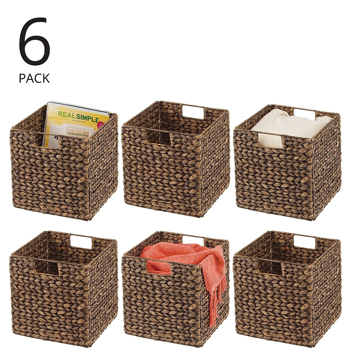 mDesign Natural Woven Hyacinth Cube Organizer Basket with Handles, Storage for Bathroom, Laundry Room Shelf or Nursery - Perfect for Cubby Storage Units - Hold Blankets and Books - 6 Pack, Brown Wash