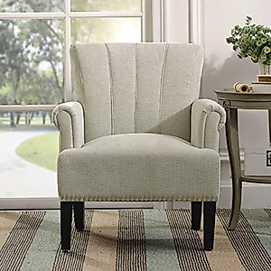 SSLine Upholstered Polyester Accent Chair,Mid Century Tufted Wingback Arm Chair with Roll Armrest and Wooden Legs,Comfy Single Sofa Club Chair for Living Room Bedroom Office Studio (Cream)