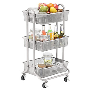 DESIGNA 3-Tier Rolling Utility Cart Storage Shelves Multifunction, Metal Mesh Baskets, Pantry Cart with Lockable Wheels, Gray
