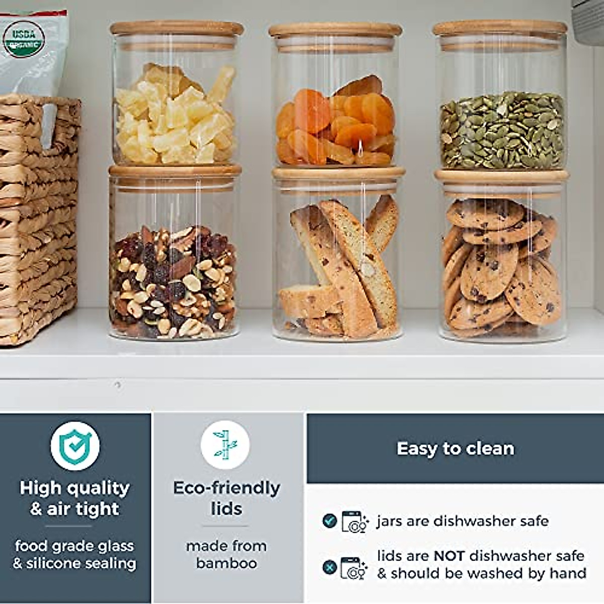 Crutello Glass Food Storage Containers with Bamboo Lids, 6 Pack - Three 26 Fluid oz and Three 23 Fluid oz Airtight Clear Kitchen Organization Canisters is an Family-Owned American Brand