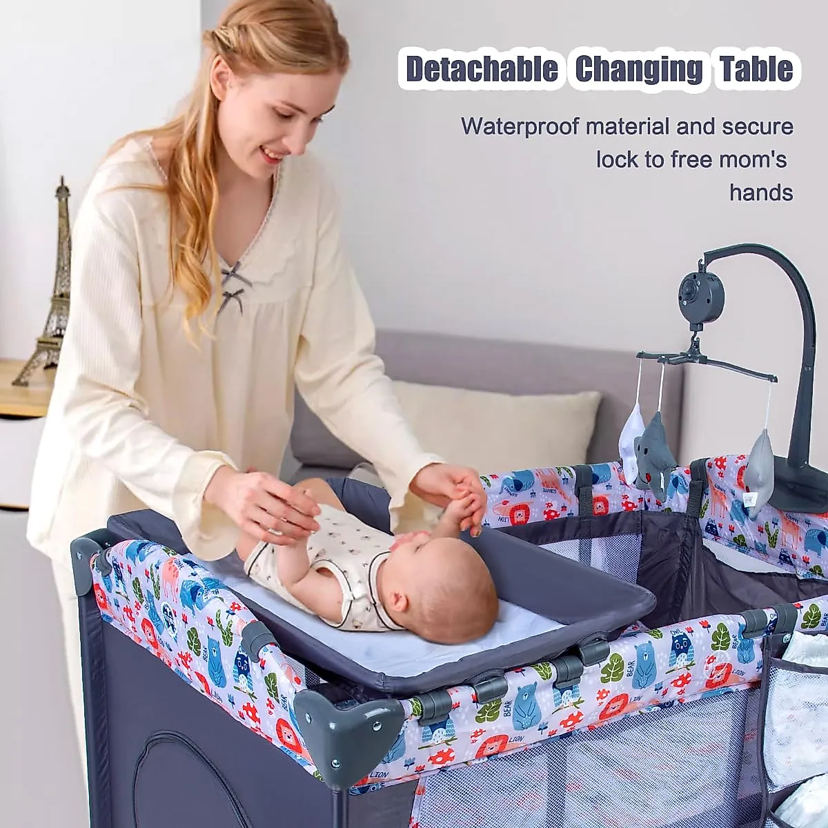 4-in-1 Pack and Play with Bassinet for Baby,Folding Crib,Travel Crib Diaper Changer with Mattress,Playard with Music Box,Multifunctional Baby Bed for Newborn,Infant,Toddler,Portable Baby Playpen