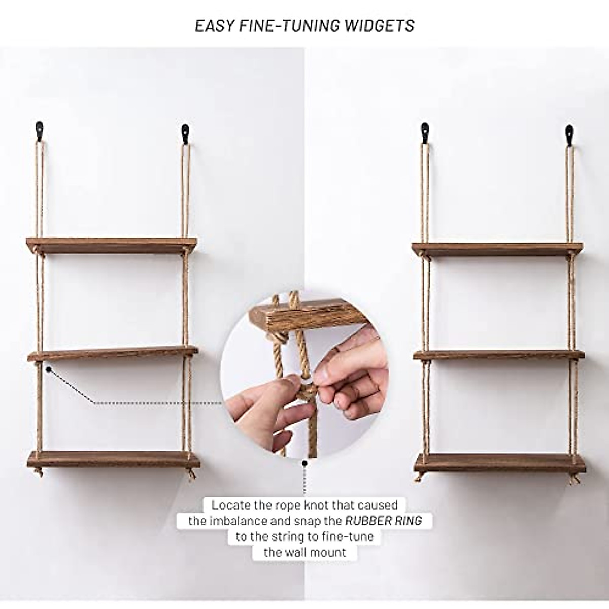 Labcosi 3 Tier Rope Wall Hanging Floating Shelves, Rustic White Wall Shelf, Swing Wood Farmhouse Decor Living Room, Bathroom, Bedroom, and Outdoor