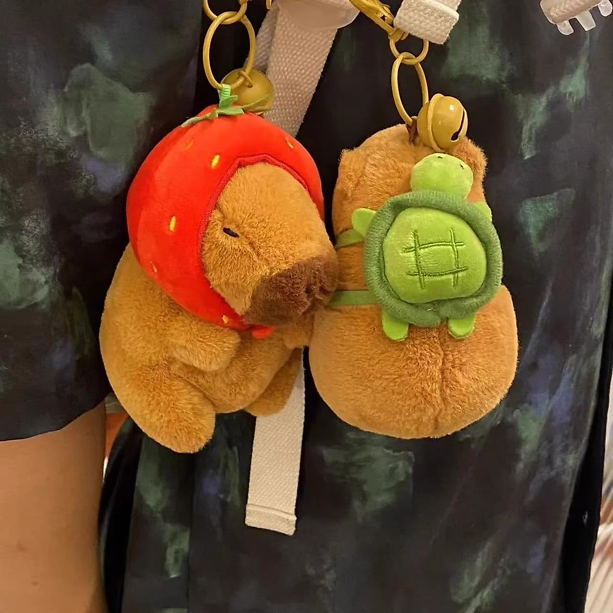 HSYHERE Men Women Interesting Funny Cute Stylish Wearing Strawberry Chicken Hat Soft Plush Capybara Keychain Key Ring, Valentine Lover Christmas New Year Gift Bag Pendant -Tortoise Bag