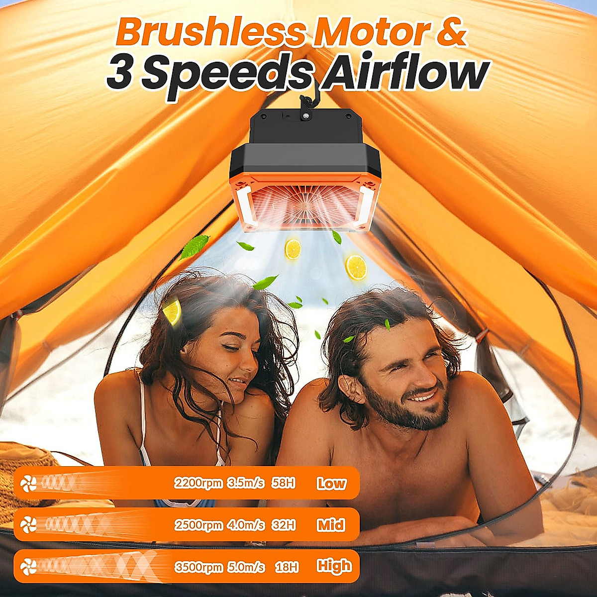 20000mAh Rechargeable Solar Powered Portable Fan with Led Lantern, 3 Speeds Cordless Battery Operated Camping Fan with PowerBank,Timer, Hangble & Quiet Desk Fan for Tent Hurricane Worksite (Orange)