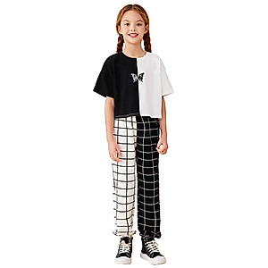 SOLY HUX Girl's 2 Piece Outfits Colorblock Butterfly Tee Top and Plaid Pants Set Black White 10Y
