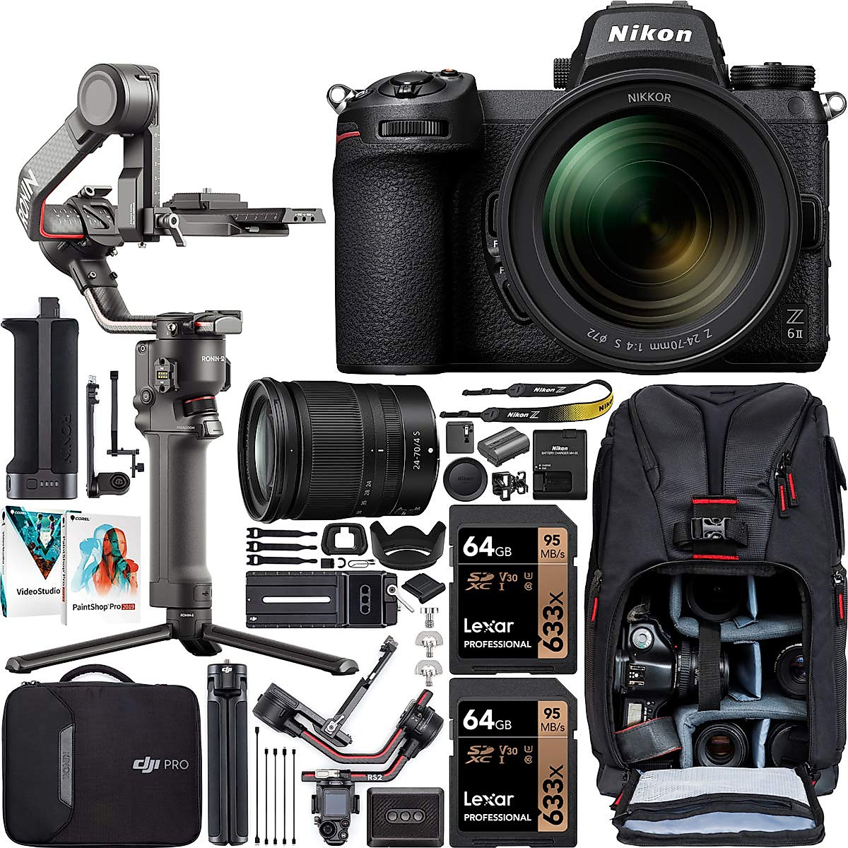 Nikon Z6II Mirrorless Full Frame Camera with 24-70mm F4 Lens Kit 1663 FX-Format 4K UHD Video Filmmaker's Kit with DJI RS 2 Gimbal 3-Axis Handheld Stabilizer Bundle + Deco Photo Backpack + Software