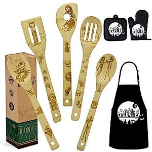 Christmas Gift for Mom Women Nightmare Halloween Kitchen Decorations Cooking Utensils Set - Wooden Cooking Spoons with Apron Oven Mitt Potholder - Mother's Day Gift Women Birthday Gift