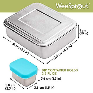 WeeSprout 18/8 Stainless Steel Bento Box (Compact Lunch Box) - 3 Compartment Metal Lunch Containers, for Kids & Adults, Bonus Dip Container, Fits in Lunch Bag & Backpack