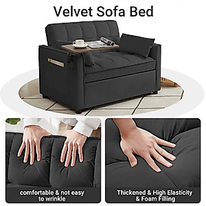 Rovibek 3 in 1 Convertible Sleeper Sofa Bed Pull Out Couch Futon Loveseat Velvet Chaise Lounge with 2 Pockets and 2 Pillows for Living Room, Black