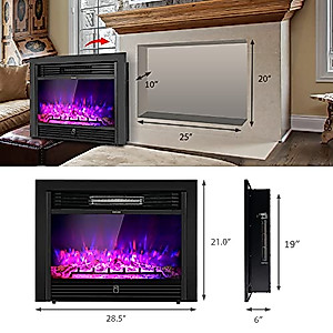 COSTWAY 28.5-Inch Electric Fireplace Inserts, 750W/1500W Wall Recessed and Freestanding Fireplace with 3 Flame Colors, 5 Brightness Settings, 8H Timer, Remote Control, Fireplace Heater for Indoor Use