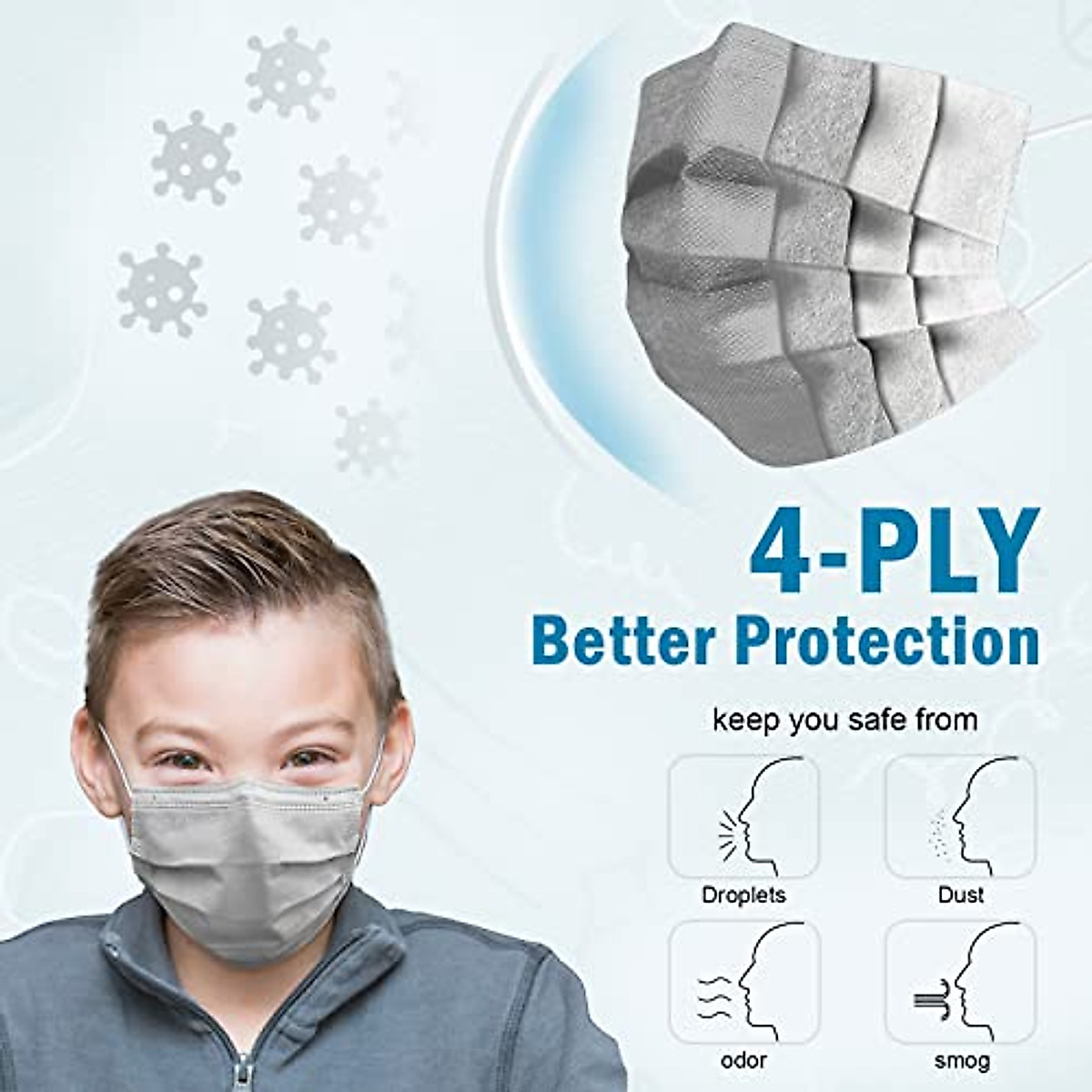 EcoGuard Kids Face Masks Disposable Made in USA, 4 Ply 5 Colored Masks Individually Wrapped Face Mask Breathable Comfortable Disposable Face Masks for Adults Small Face Men Women, 50 Pack