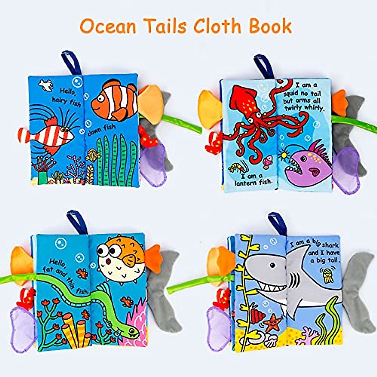 HECCEI Baby Cloth Books, Soft Toys Cloth Books, Touch and Feel Crinkle Books, Early Development Baby Stroller/Crib Hanging (Ocean Tails Cloth Book)
