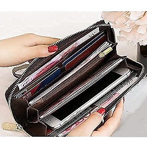 TIME WARRIOR Women's Wallet DA RFID Blocking Leather Zip Around Designer Wallets Large Phone Holder Clutch Travel Purse Wristlet Women Wallets (Brown & Gold)