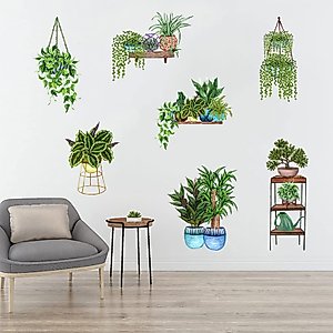 Green Potted Plants Leaves Little Garden Wall Decal, Removable Watercolor DIY Home Wall Sticker, Mural Art Decoration for Living Room Bedroom Kitchen Nursery Home Décor (C)
