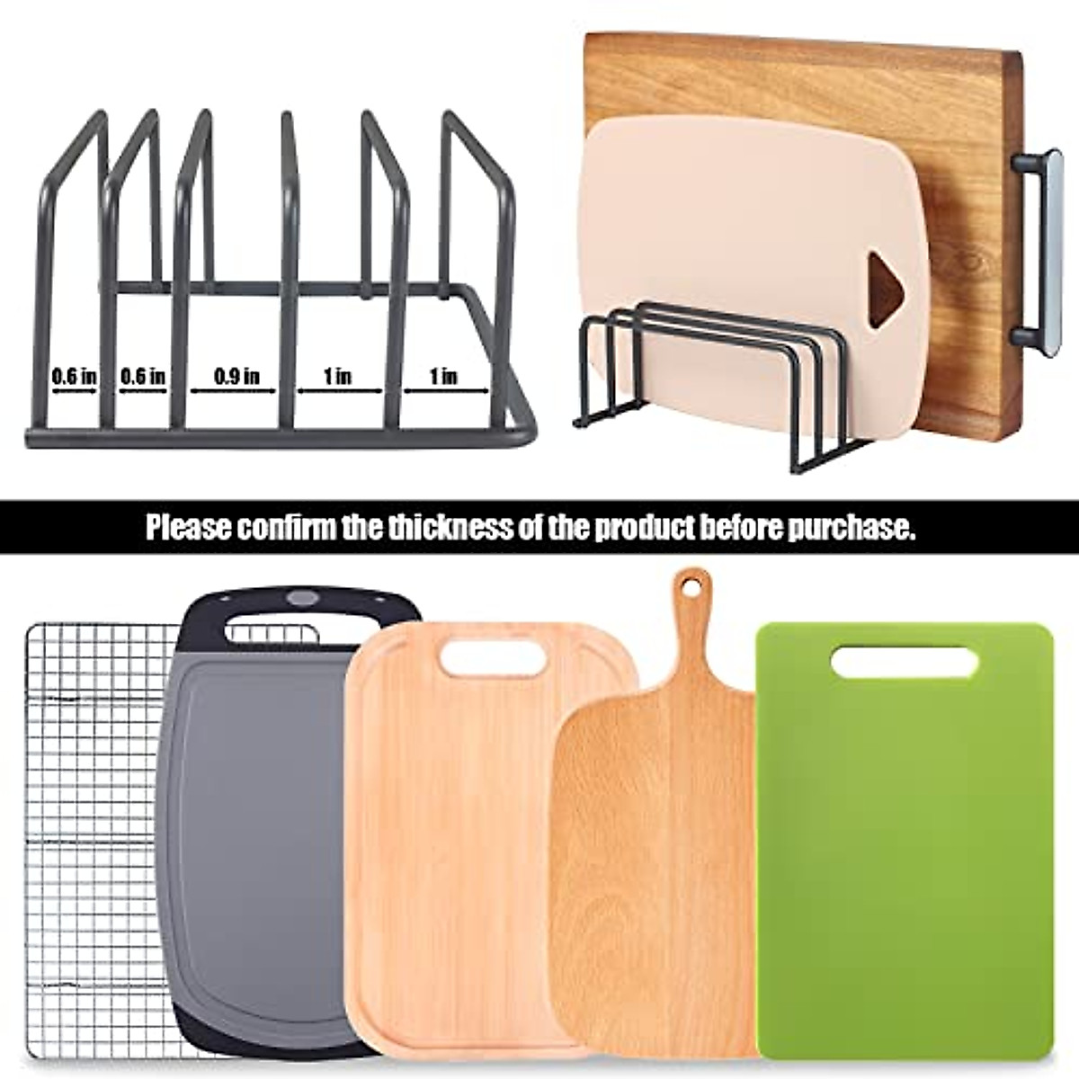 Cutting board organizers (1.0 and 0.6 inch wide slots), cutting board holders, cutting board racks, cutting board storage, biscuit sheets, bakeware organizers for cabinets