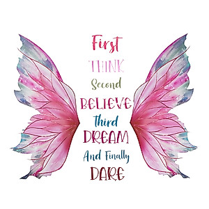Pinenjoy Pink Butterfly Quotes Wall Decal Think Believe Dream Dare Inspirational Saying Wall Stickers Self-Adhesive Vinyl Wall Decor for Women Girls Bedroom Living Room Nursery