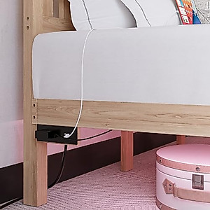 Natural Solid Rubber Wood King Bed Frame with Outlets, Platform Bed with Wooden Headboard and Slats, No Box Spring Needed, Easy Assembly, King Size