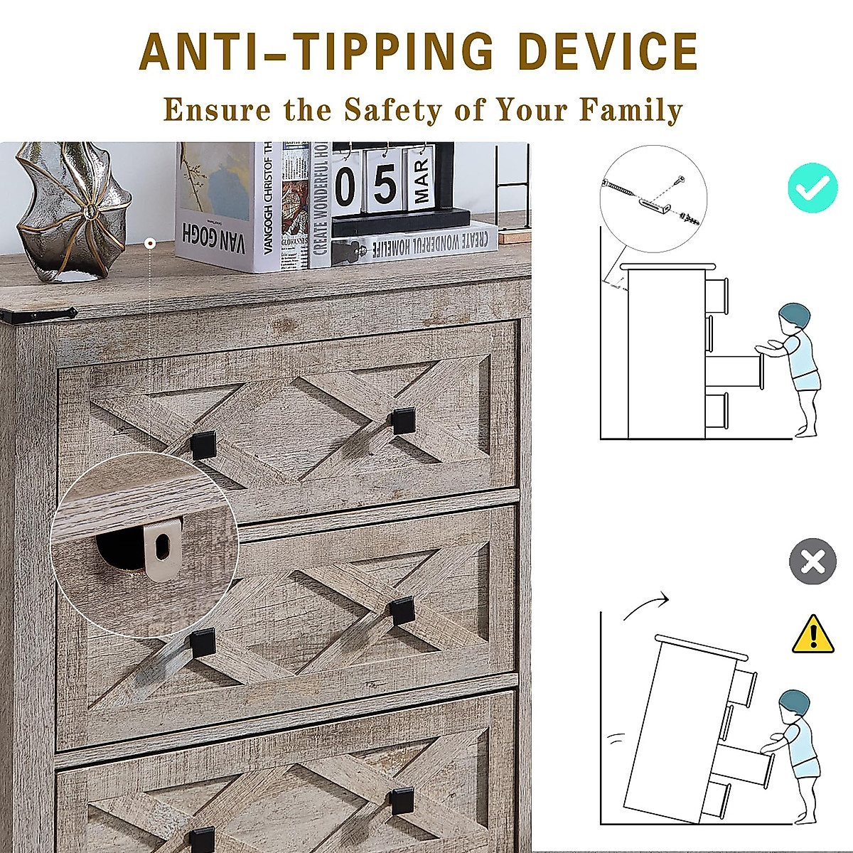 GIAJORYA 6 Drawer Dresser, 54" Wide Wood Chests of Drawers, Double Dresser for Bedroom, Grey Dresser TV Stand Organizers for Entryway, Clothes Dresser, Accessory Storage Cabinet, Light Rustic Oak