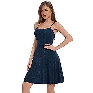 Bbonlinedress Spaghetti Strap Glitter Teens Cocktail Party Dress Fit and Flare Mini Swing Sparkly Homecoming Prom Club Dress Navy XS