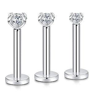 GAGABODY Forward Helix Earring 2/3/4mm Cubic Zirconia 3pcs G23 Titanium 16G 8mm Internally Threaded Labret Cartilage Tragus Monroe Lip Studs Piercing