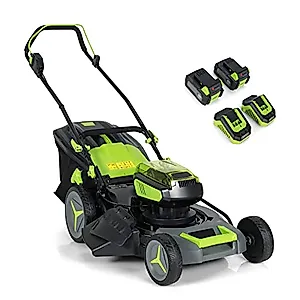 Goplus Cordless Lawn Mower, 18 Inch Electric Push Mower w/ 6 Adjustable Cutting Height, Brushless Motor, Two 4.0Ah Lithium Battery Packs & Chargers Included