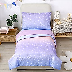URBONUR 4 Piece Toddler Bedding Set for Girls Glitter Purple Orange Toddler Bedding Set Gradient Stars Print Girls Bedding Toddler Comforter Set