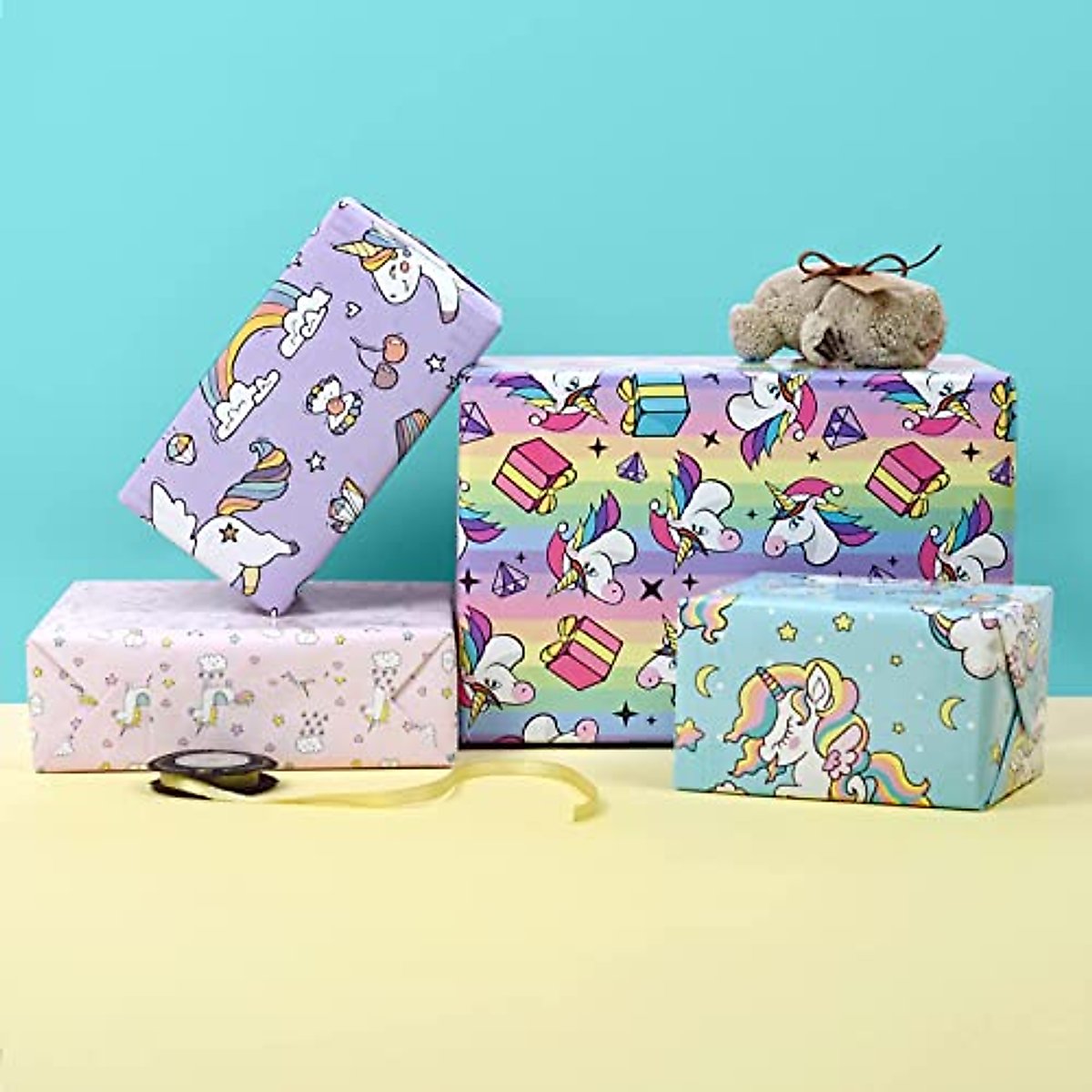 FIEHALA Flat Wrapping Paper Sheets - 8 Sheets with 4 Unicorn Patterns - Pre Cut & Folded Flat Design (20 inches × 27.5 inches per sheet)