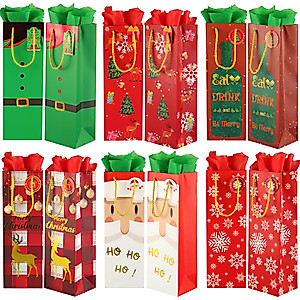 PINWATT 12Pcs Christmas Wine Bottle Gift Bags with Tissues and Tags, Holiday Wine Gift Bags Bulk for Wine Bottles Christmas Wrapping