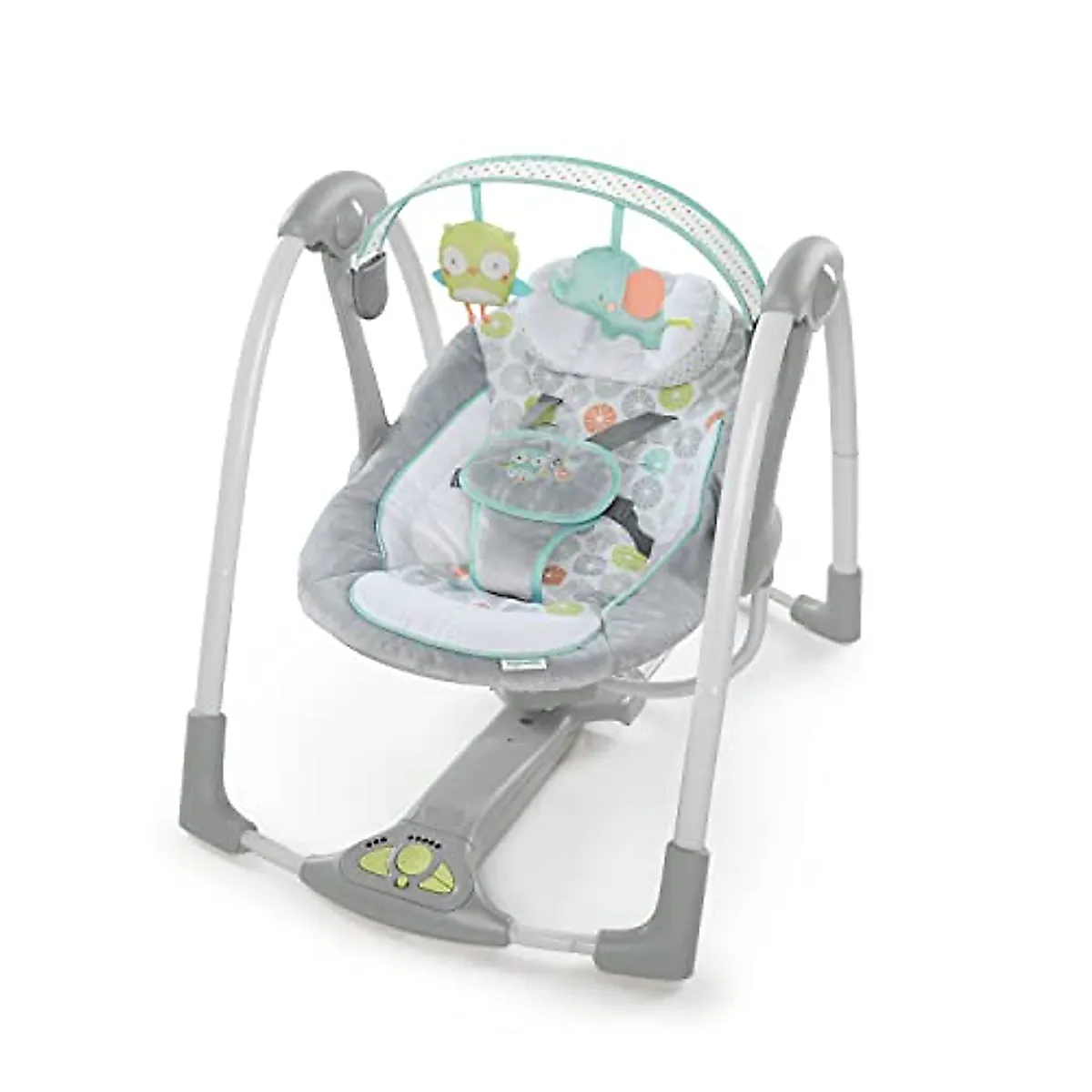 Ingenuity 5-Speed Portable Baby Swing with Music, Nature Sounds & Battery-Saving Technology - Hugs & Hoots, Swing 'n Go, 0-9 Months