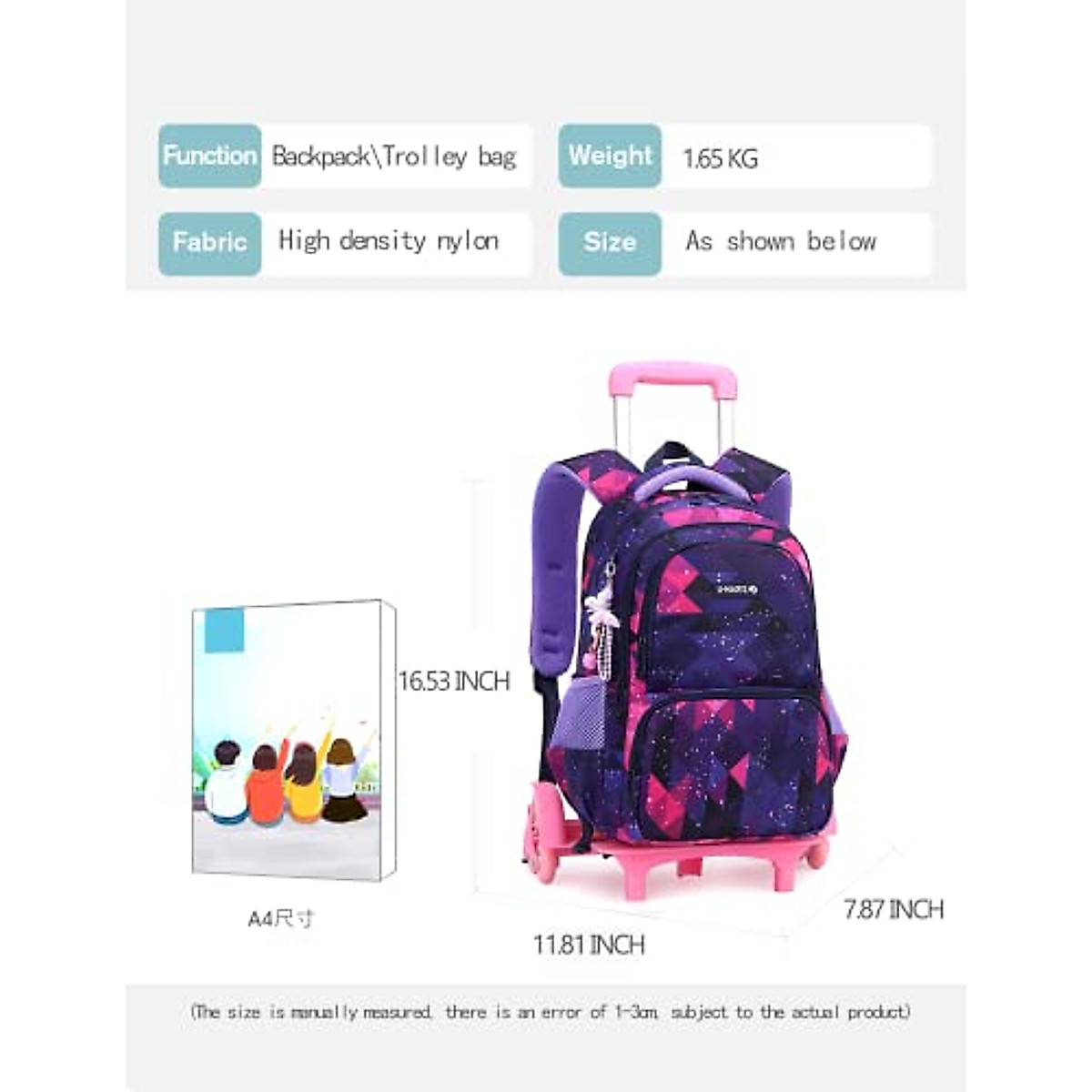 Voici et Voila 4Pcs Rolling Backpack Kids Backpack with Wheels Girls 6 Wheels Backpack on Wheels Gradient Geometric Trolley Rolling School Backpack Multi-Function Breathable Elementary School