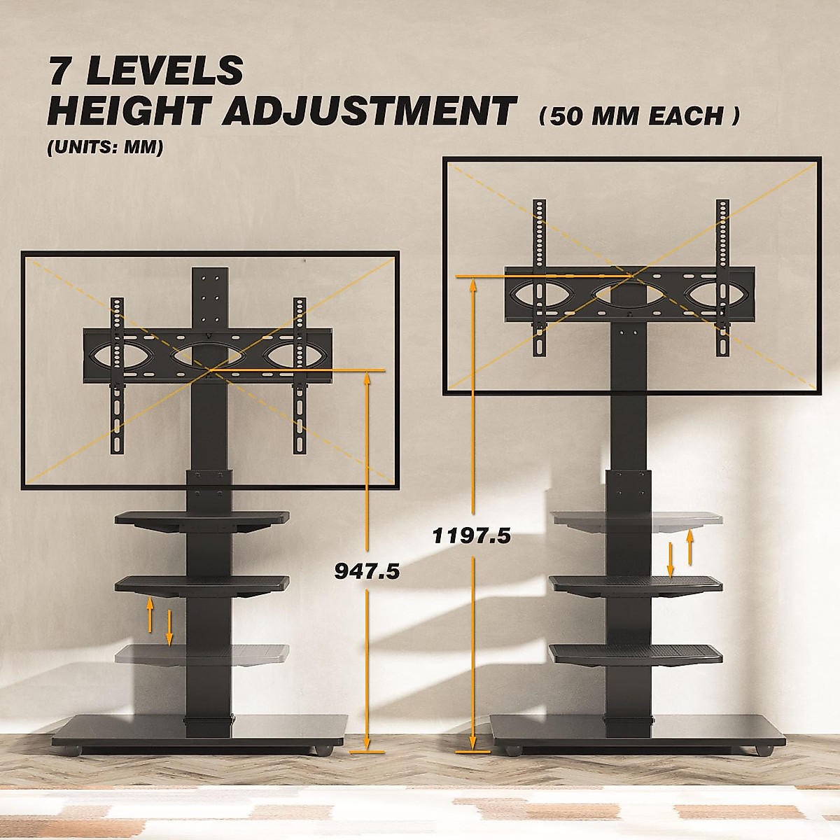 5Rcom Tall Swivel Floor TV Stand with 3 Shelves TV Stand Mount for Most 32 37 47 50 55 60 65 70 inch Plasma LCD LED OLED Flat Screen or Curved TVs, Tall Narrow Stand with Height Adjustable, Black