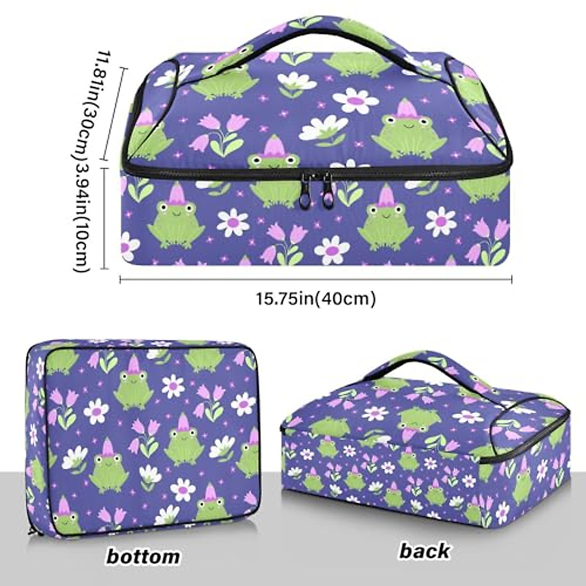 Kcldeci Insulated Thermal Food Carrier Insulated Casserole Carrier for Hot or Cold Food,Frogs with Flowers Bells Daisies Insulated Tote Bag for Potluck Cookouts Parties Picnic,Lasagna Lugger