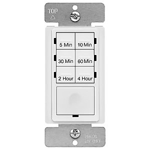 ENERLITES 4-Hour No Neutral Wire Countdown Timer Switch, 5-10-30-60 Min, 2-4 Hour, For Bathroom Fans, Heaters, Lights, LED Indicator, 120VAC 800W, UL Listed, HET06-J-W, White