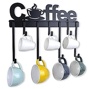 YANGSHUO Coffee Mug Holder - Wall Mount Coffee Cup Holder with Adjustable Mug Hooks (Black/Metal), Decorative Coffee Sign Mug Hanger Rack (17-Inch)
