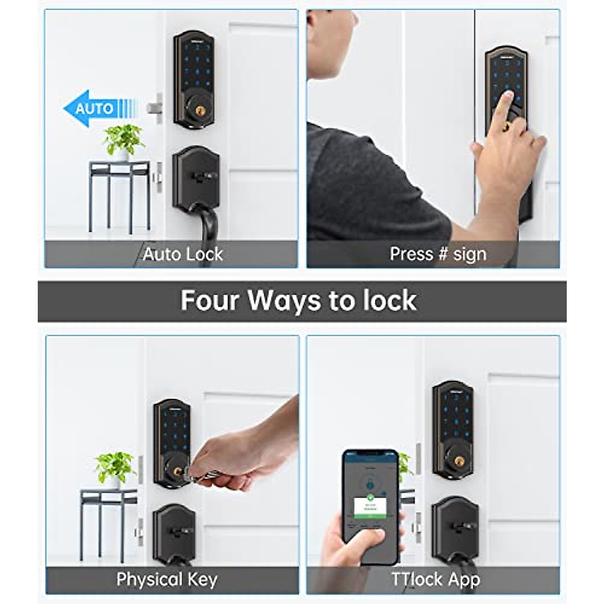 Smart Deadbolt, SMONET Keyless Entry Door Lock with Digital Keypad, Electronic Smart Locks for Front Door Bluetooth Touchscreen Lock Security, Remote Lock with Alexa and Gateway for Residential Home