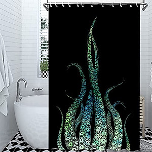 WYURMKT Octopus Tentacles Shower Curtain Kraken Ocean Animal Green Sea Underwater Creature Simple Black Backdrop Cool Creative Art Bathroom Decor Curtains Set Polyester Fabric with Hooks 70Wx70H Inch