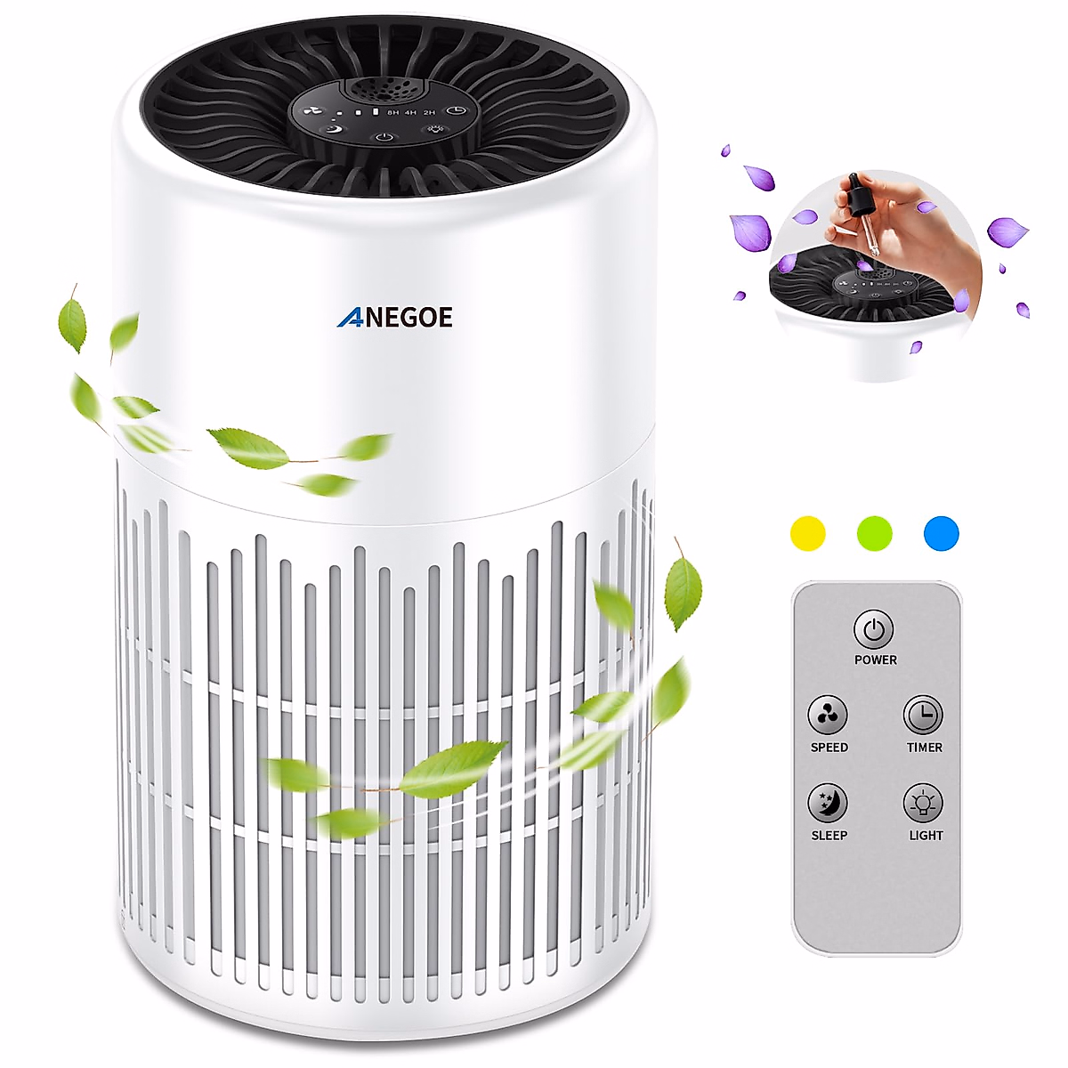 ANEGOE Air Purifier for Bedroom with True H13 HEPA 3-in-1 Filters, Remote Control Pet Air Purifiers for Home Cat Pee Smell, Covers Up to 400Ft² with 2/4/8H Timer Night Lights Fan Speeds and Sleep Mode