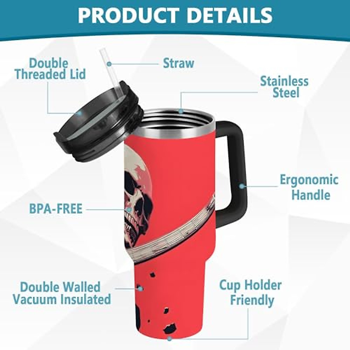 Flradish 30oz Tumbler with Handle, Skeleton Rock Stainless Steel Tumbler with Lid and Straws Double Wall Vacuum Insulated Leakproof Coffee Travel Mug