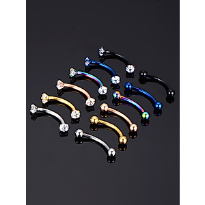 Mudder 12 Pieces 16 Gauge Stainless Steel Belly Lip Ring Eyebrow Studs Cartilage Tragus Cubic Zirconia Barbell Body Piercing, 2 Styles