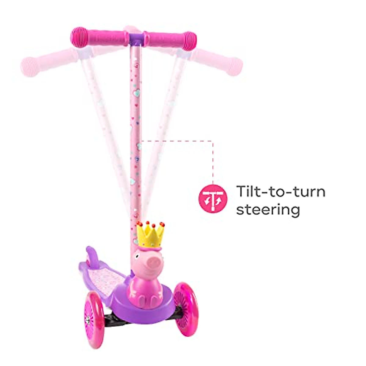 Peppa Pig Kick Scooter for Kids, Self-Balancing 3 Wheeled Light Up Scooter with Extra Wide Anti-Slip Deck, Rear Brake, Lean to Steer, Lightweight Design, for Kids 3 and up, 75 LB Limit
