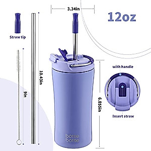 BOTTLE BOTTLE Insulated Coffee Tumblers with Dual-use Lid and Straw Double Walled Iced Travel Coffee Mug for Woman and Man 12oz Stainless Steel Tumbler with Handle（purple）