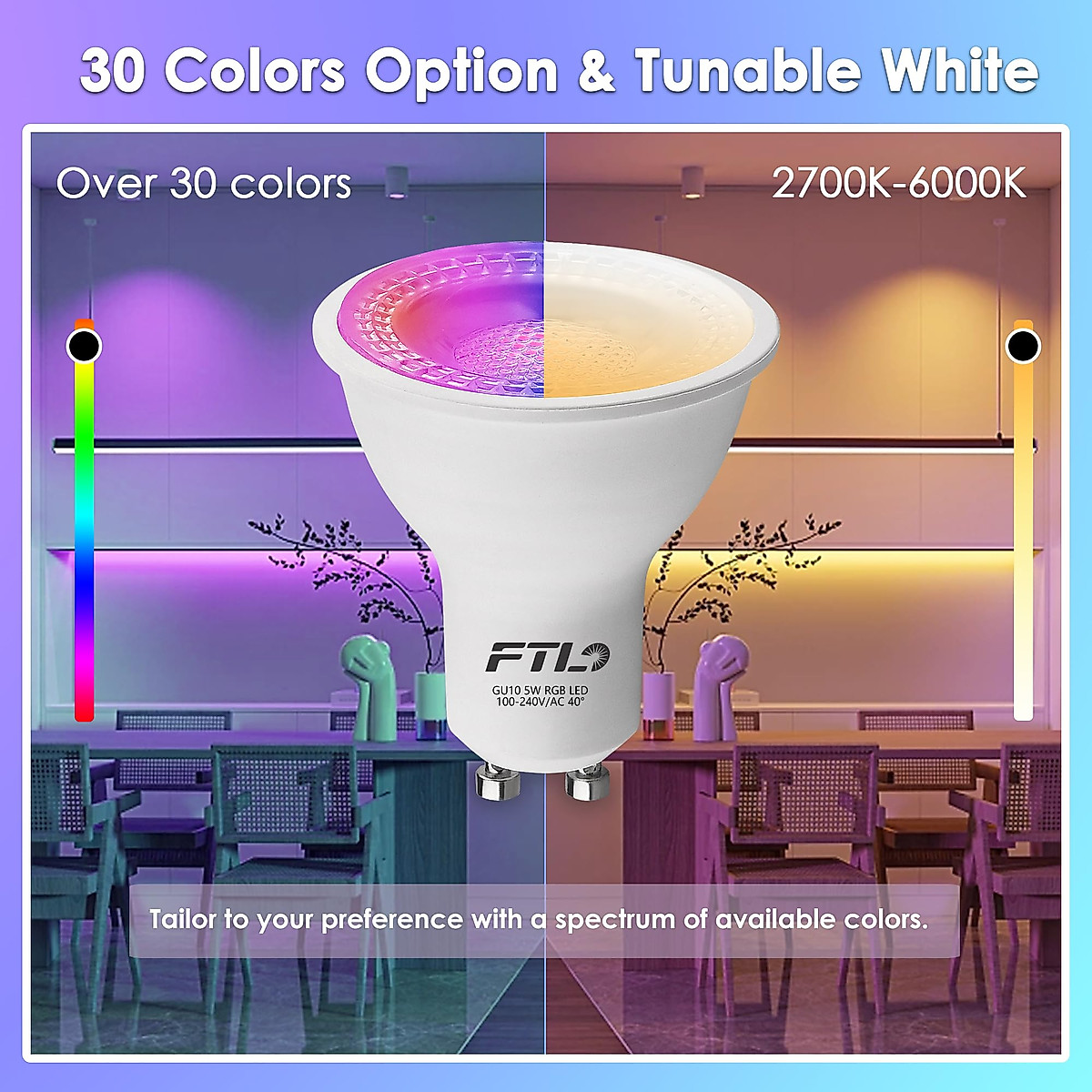 FTL GU10 LED Bulbs Color Changing Light Bulbs with Remote Control, Dimmable 2700K-6000K RGB Colored Light Bulbs 5W 40W Equivalent, 30 Colors, Timer, Spotlight for Track Lighting, 6-Pack