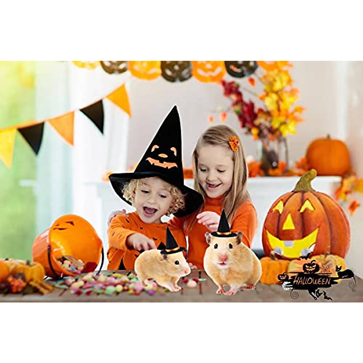 Vehomy Small Animal Halloween House Hideout & Costume Set- Hamster Cave House Bed Nest Hideout with Ghost Candy Spider Net Pattern Hamster Witch Hat Bowtie for Rodent Chinchilla Hedgehog