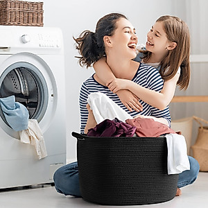 Blanket Basket Living Room, Cotton Rope Basket for Storage, Maliton Woven Extra Large Basket, 22" x 14" Nursery Laundry Basket with Handles, Toy Storage Basket Bin for Baby and Pet, Black