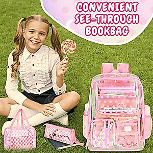 Silkfly 3 Pcs Clear Backpack Transparent School Backpacks PVC Clear Bookbag with Lunch Bag Pencil Case for Stadium, School (Pink, Polka Dot)