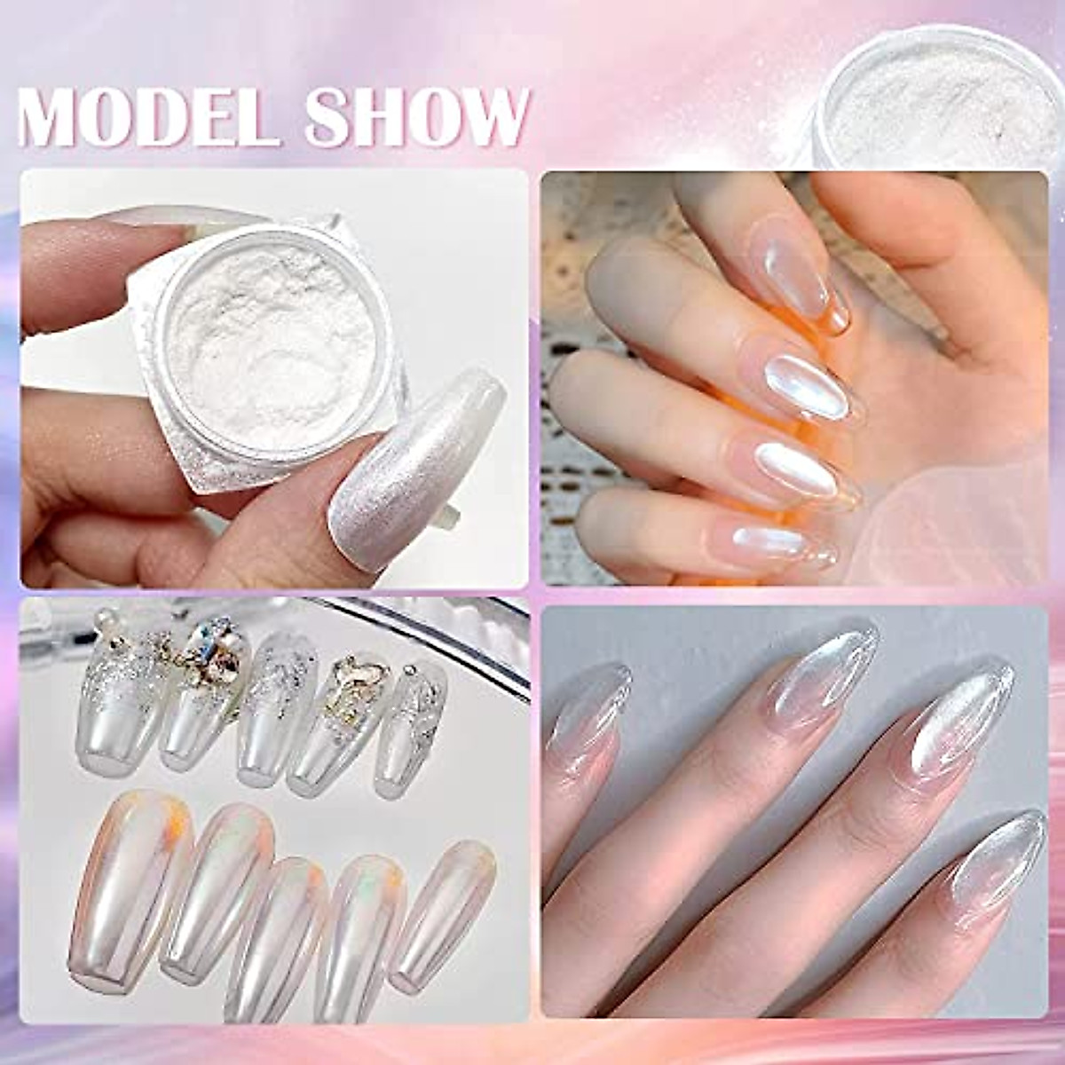White Pearl Chrome Nail Powder, Pearlescent White Iridescent Nail Powder, High Gloss Glitter Nail Art, Jewelry Mermaid Pearl Neon Nail Powder, Nail DIY Metallic Pigment Powder with Sponge Stick (1pcs)