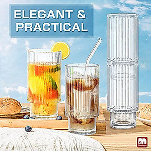 GMISUN Glass Cups with Lids and Straws, Iced Coffee Cups with Lids, Ribbed Glassware, Drinking Glasses with Bamboo Lids, Cocktail Glasses Vintage Glassware 12oz for Cocktail, Gift